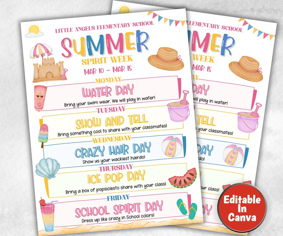 Customizable Summer School Spirit Week Flyer, PTO Schedule, Summer ...