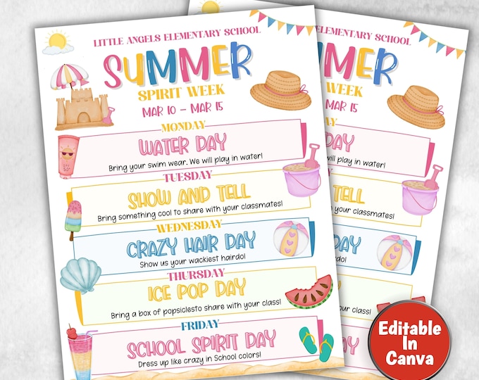 Summer Spirit Week Flyer Template, Editable, Printable, Summer Themed ...