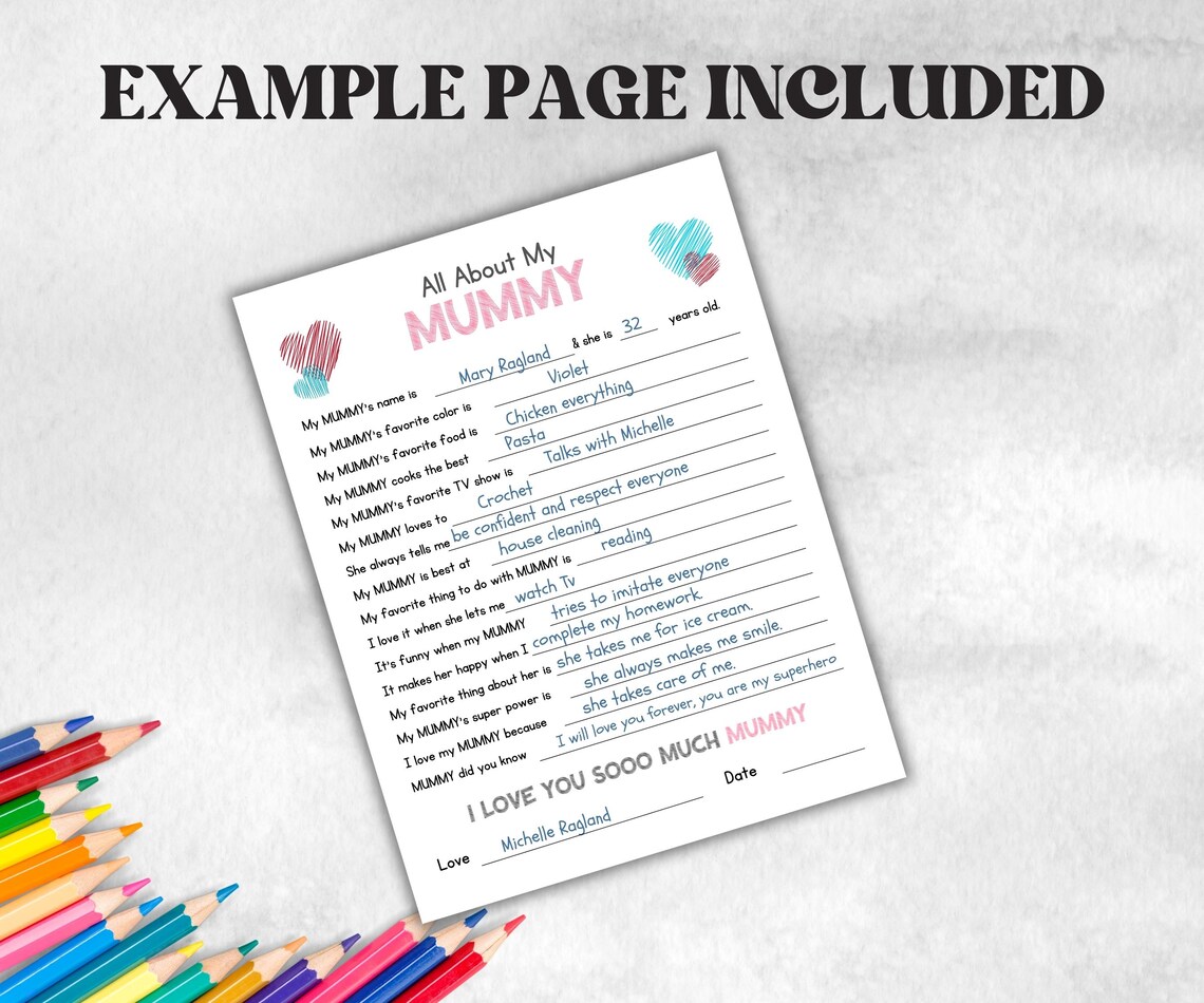 All About My Mummy Questionnaire Print, Personalized Gift, Coloring ...