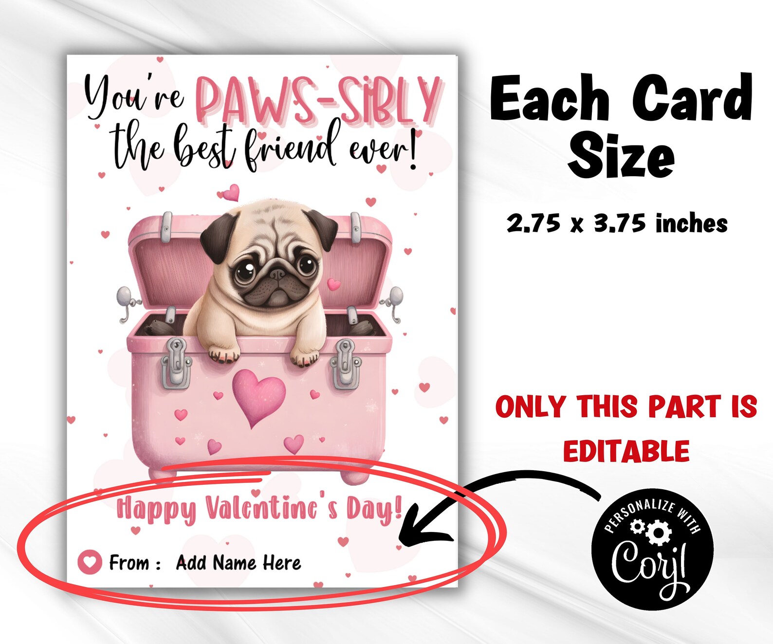 Pug Card | Dog Valentine | Cute Card | Pug Valentine | Pugs and Kisses ...