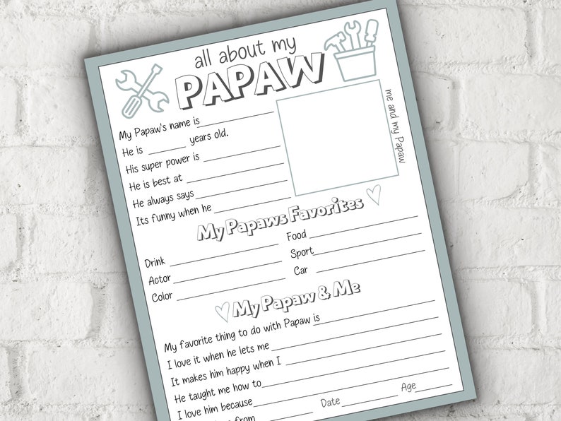 All About My Papaw Fill in the Blank I Father's Day Gift I Gift for ...