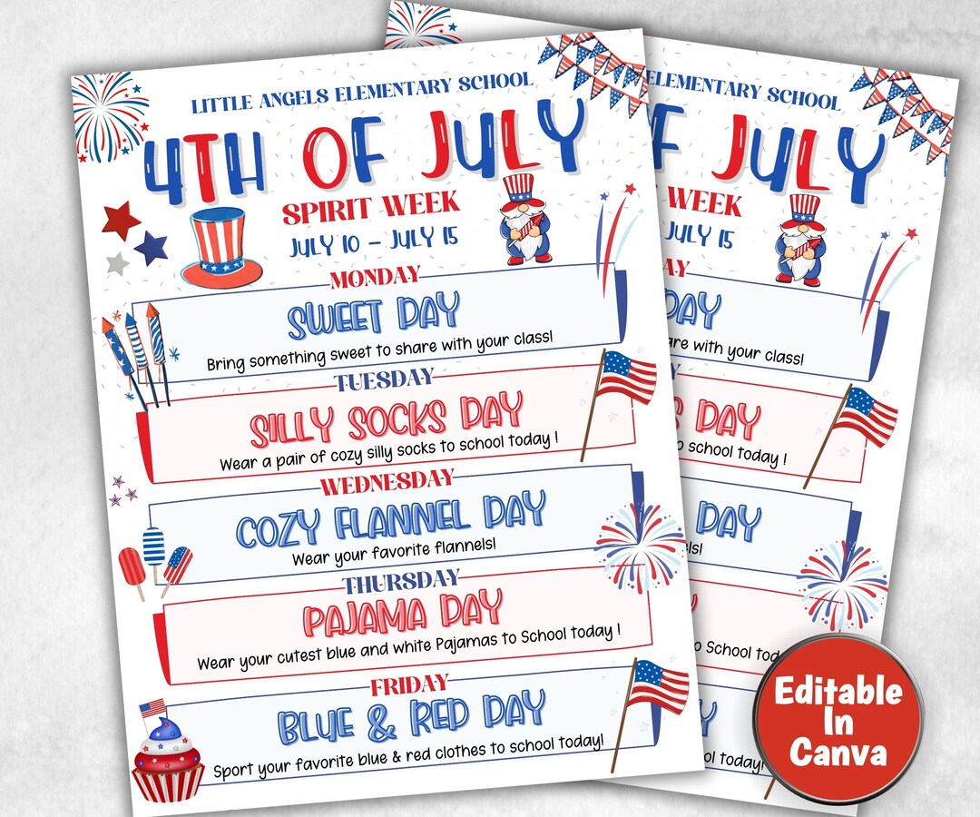 Customizable Independence Day School Spirit Week Flyer, PTO Schedule ...