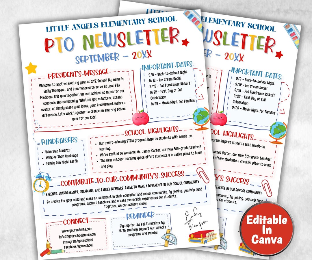 PTO PTA Newsletter, Editable Canva Template, Parent Communication ...