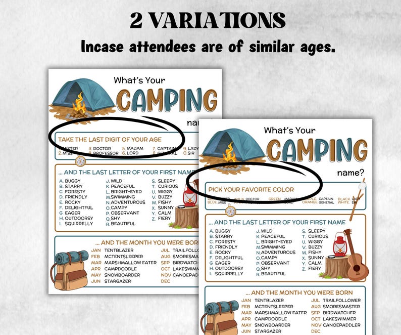 What is Your Camping Name Printable Game, Office Party, Daycare Name ...