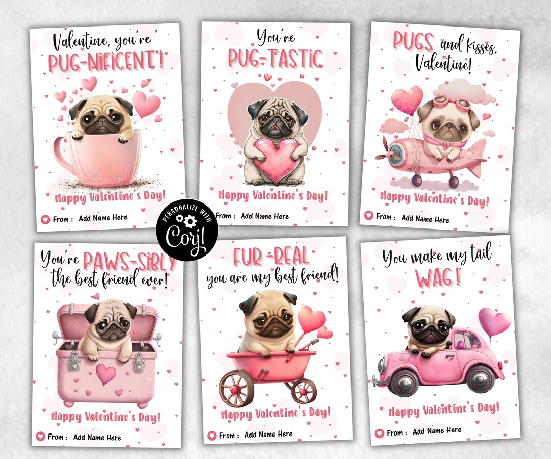 Pug Card Dog Valentine Cute Card Pug Valentine Pugs and Kisses Kids ...