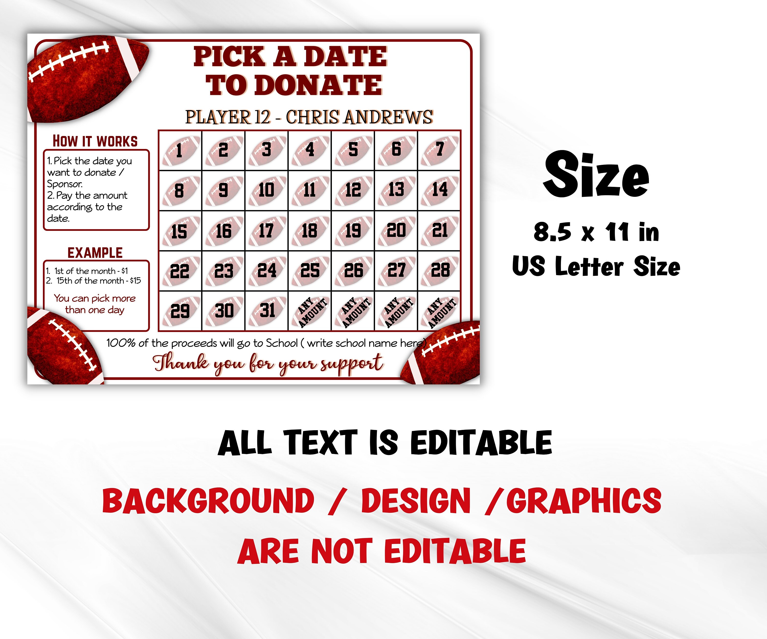 Editable Football Fundraiser Calendar Pick A Date to Donate - Etsy