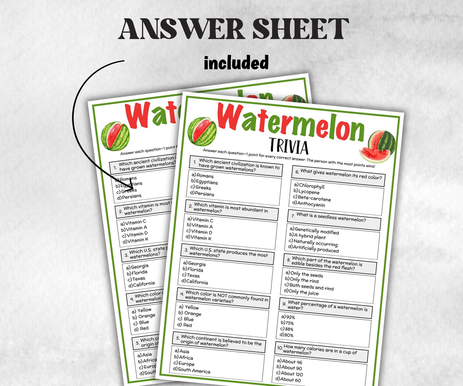Printable Watermelon Trivia, Watermelon Theme Birthday Activity ...
