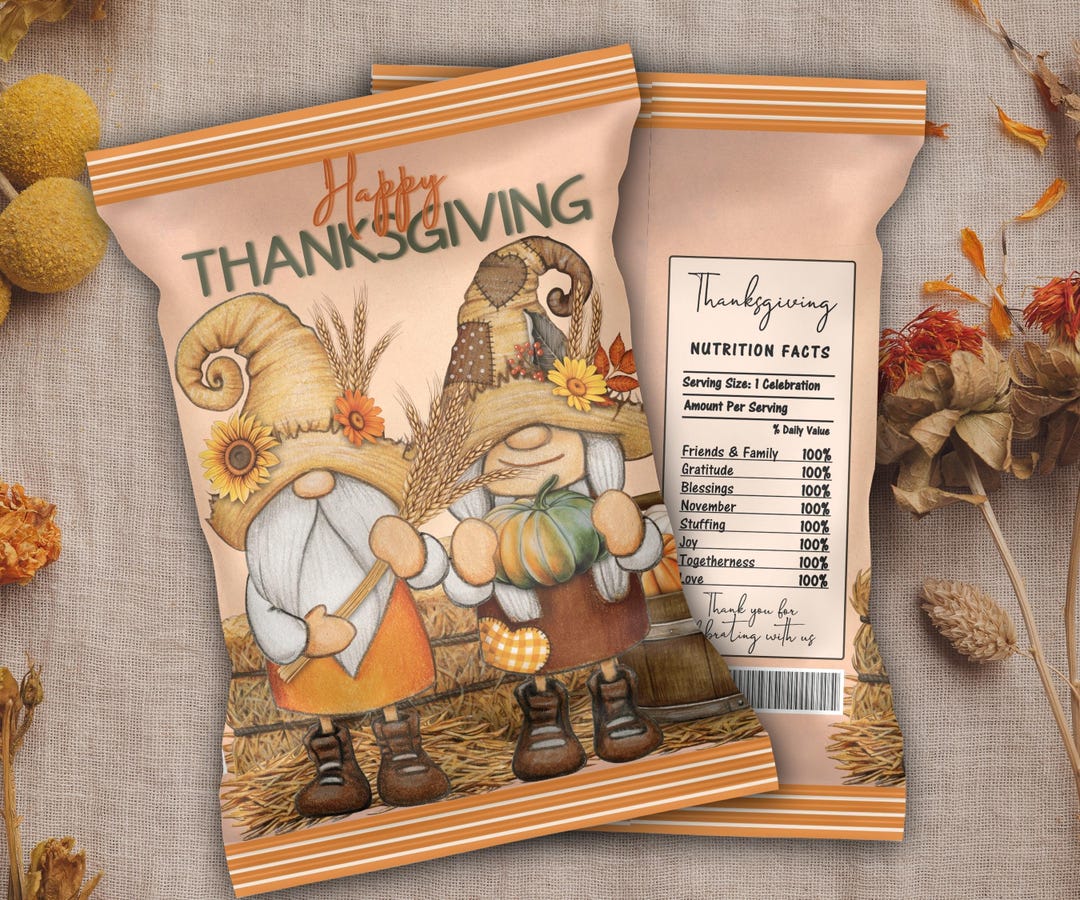 Fall Harvest Party Favors, Gnome Chip Bag Template, Thanksgiving Chip ...