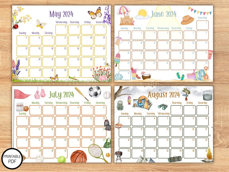 2024 Cute Printable Calendars, Printable Kids Calendars, Watercolor ...