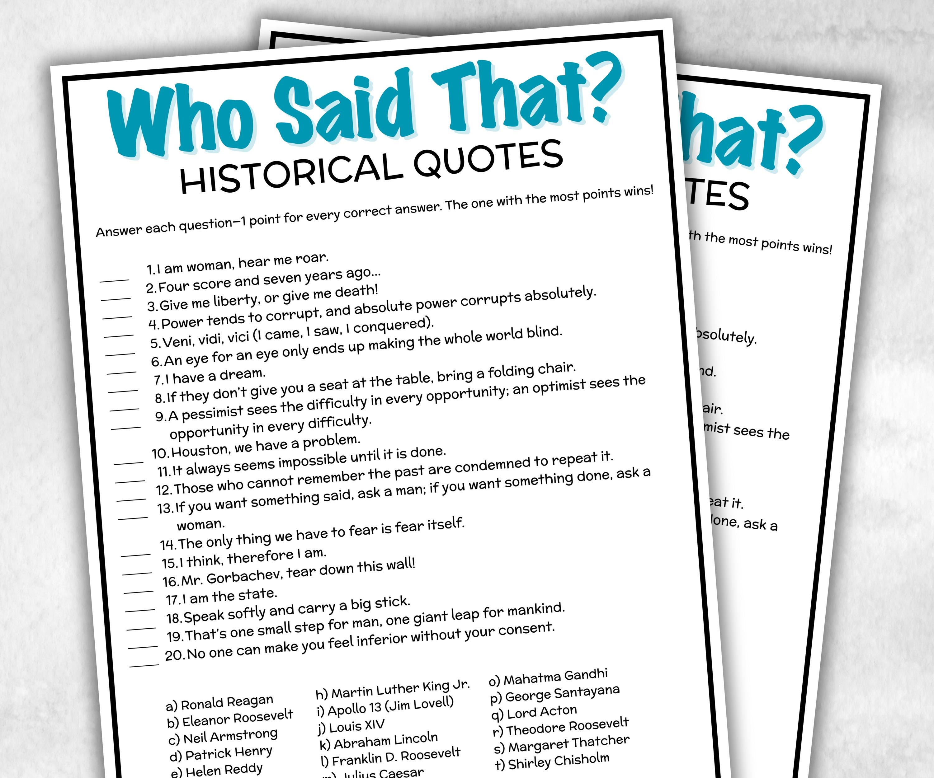Famous Historical Quotes Trivia Game, History Quiz, Pop Culture Game ...