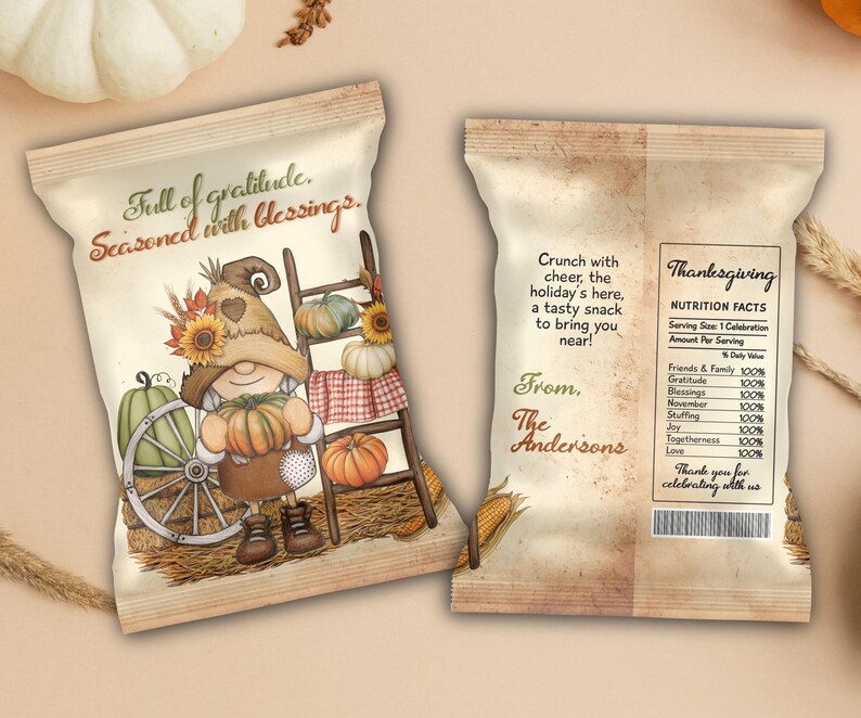 Pumpkin Gnome Chip Bag Template, Fall Party Favors, Thanksgiving Chip ...