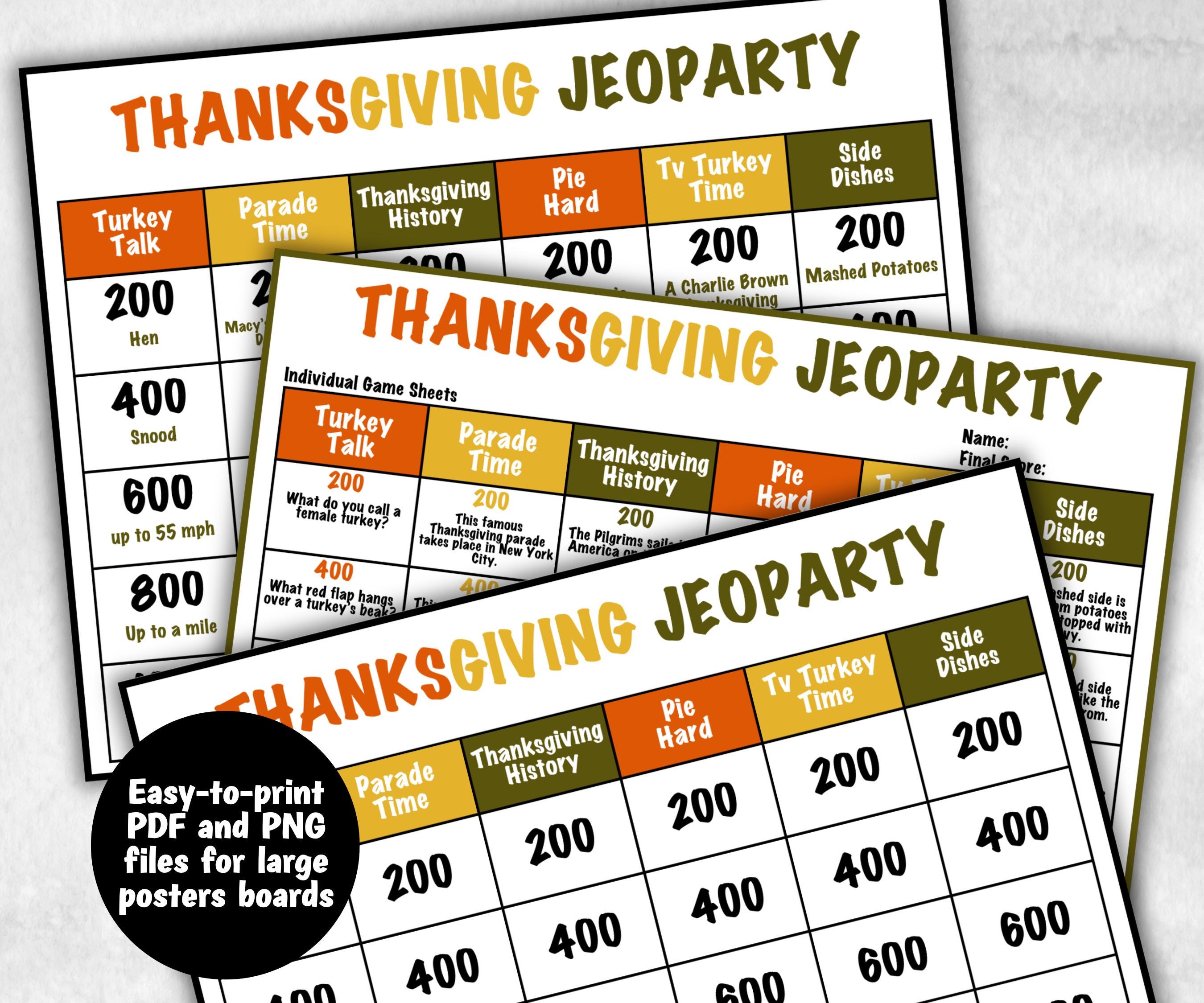 Thanksgiving Jeopardy Trivia Party, Printable Adult & Teen Activity ...