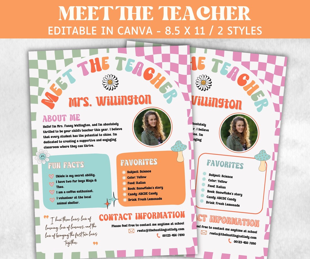 Groovy Meet the Teacher Canva Editable Template, Teacher Introduction ...