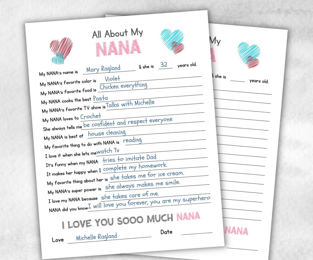 All About My Nana Printed Questionnaire, Personalized Gift, Coloring ...