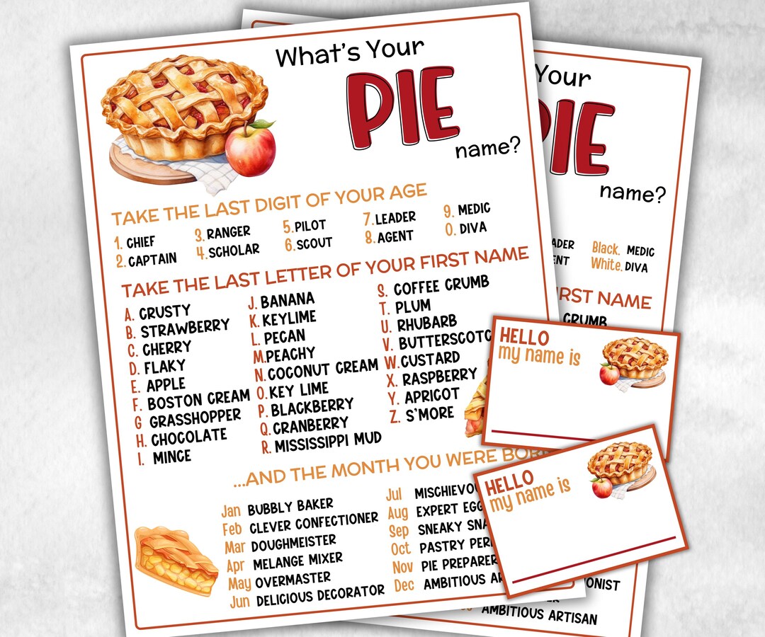 What's Your Pie Name Game With Name Tags, Pie Holiday Party Game, Fall ...