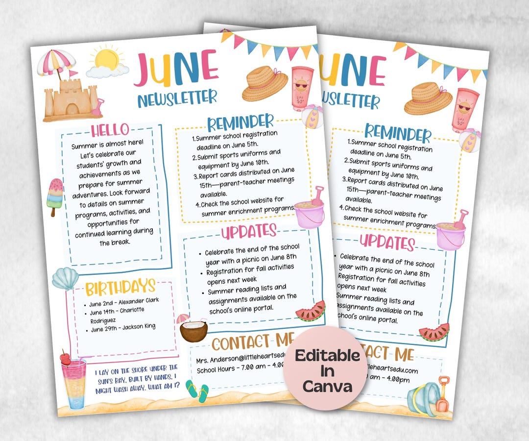 June Beach Life Classroom Newsletter, Daycare Class Newsletter ...