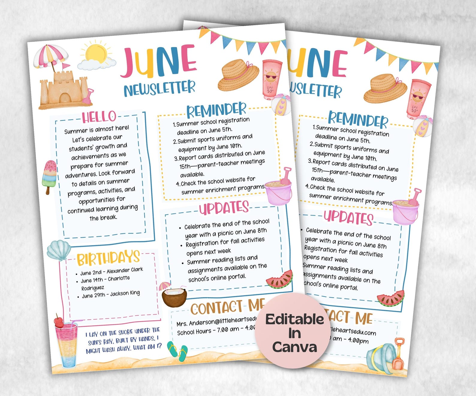 June Beach Life Classroom Newsletter, Daycare Class Newsletter ...