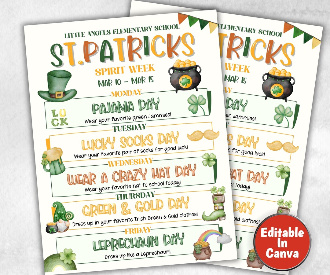 Customizable St.patricks School Spirit Week Flyer, PTO Schedule, March ...