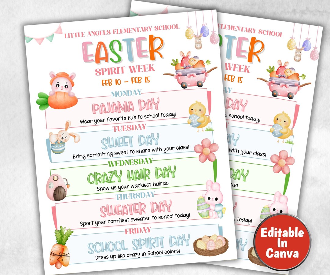 Customizable Easter School Spirit Week Flyer, PTO Schedule, April ...