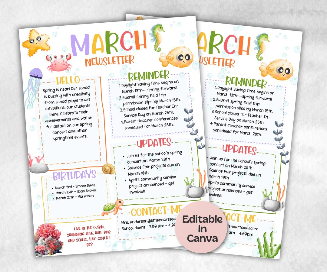 March Sea Life Classroom Newsletter, Daycare Class Newsletter ...