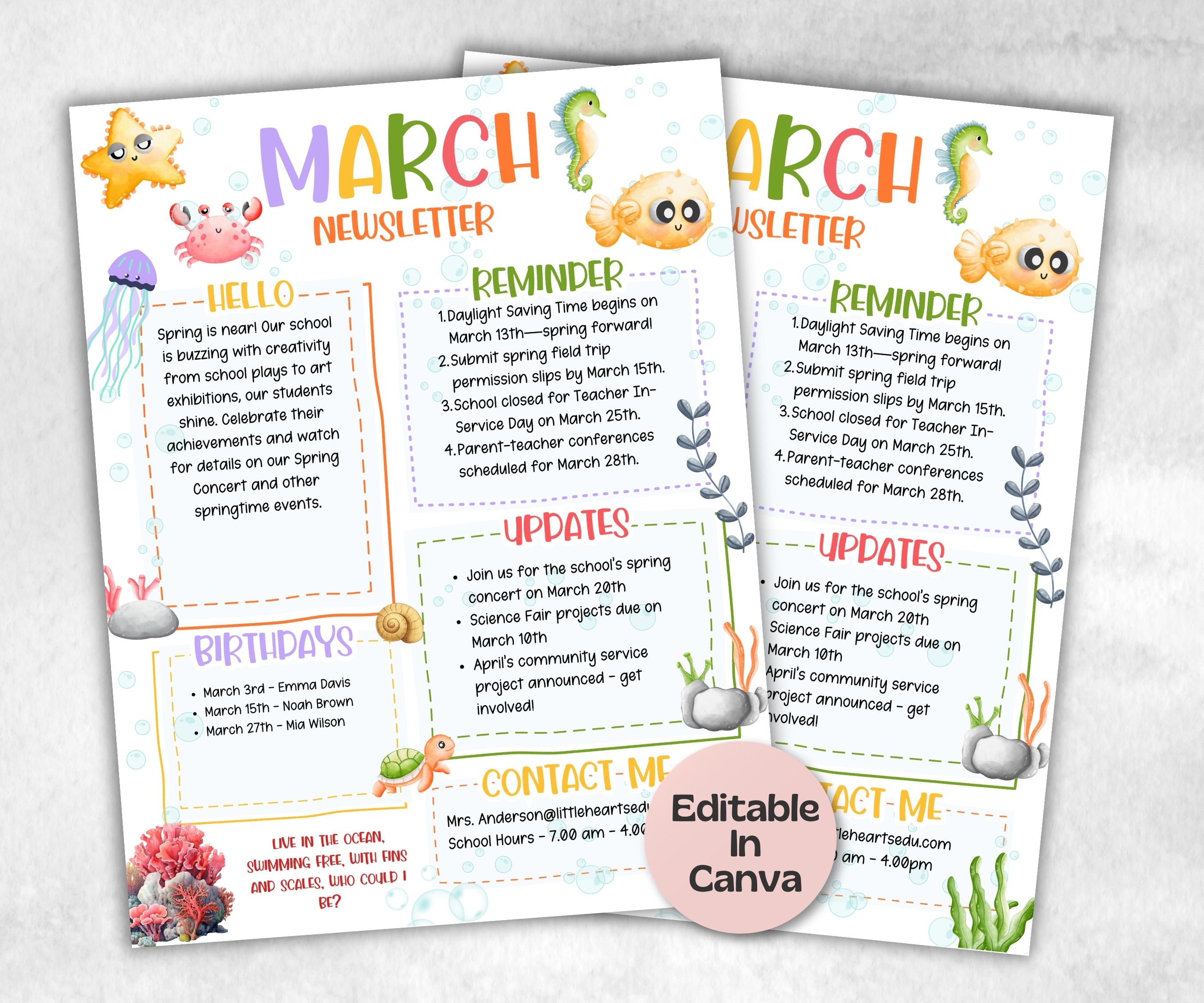 March Sea Life Classroom Newsletter, Daycare Class Newsletter ...