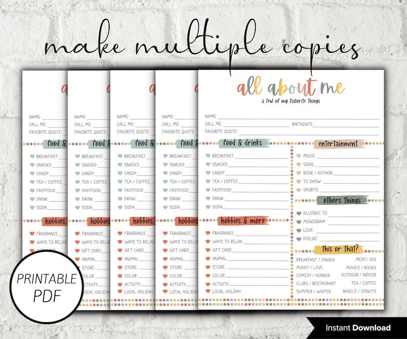 Favorites Survey, All About Me Printable, Questionnaire, My Favorite ...
