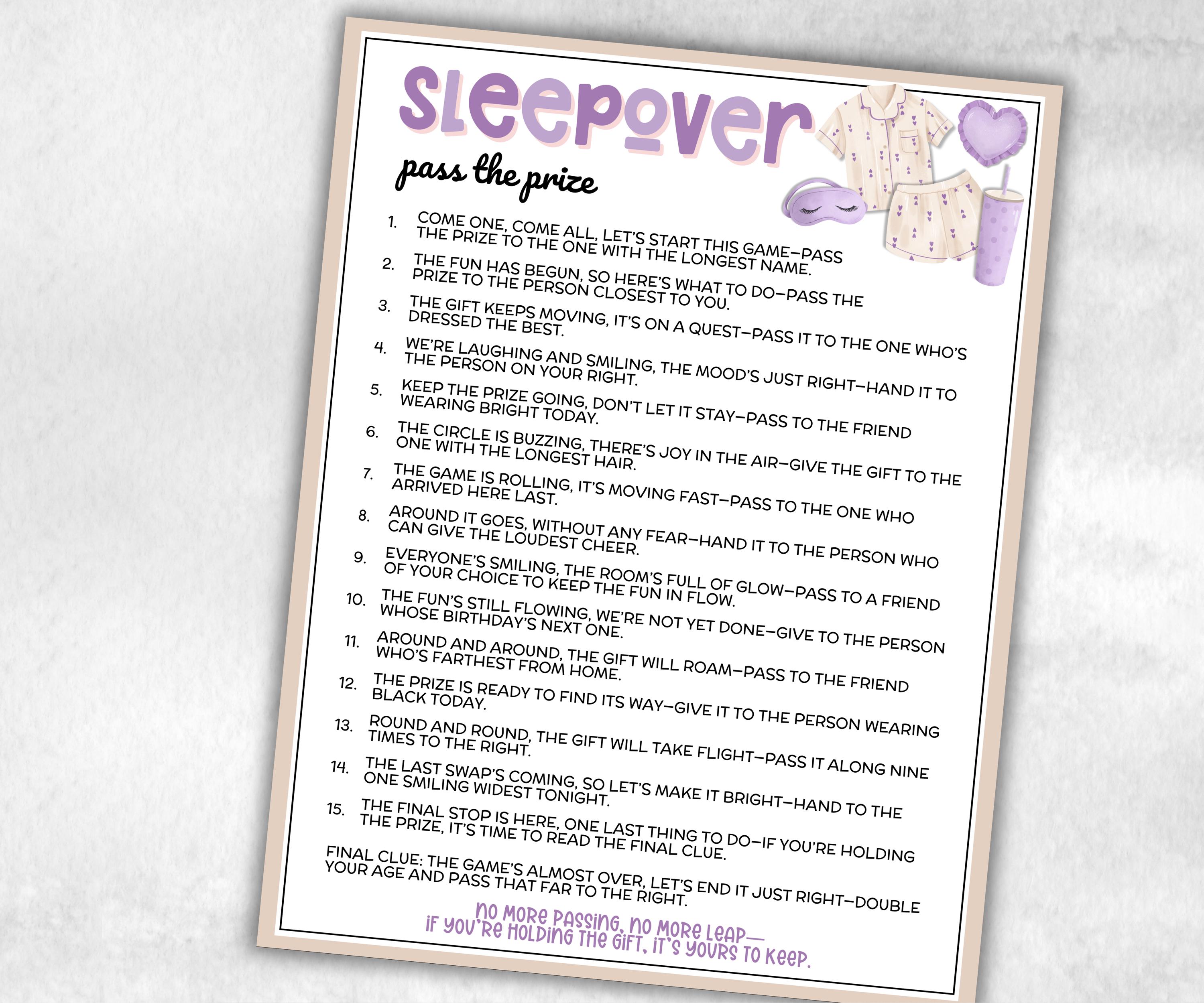 Sleepover Pass the Prize Game, Teen Slumber Party, Birthday Party ...
