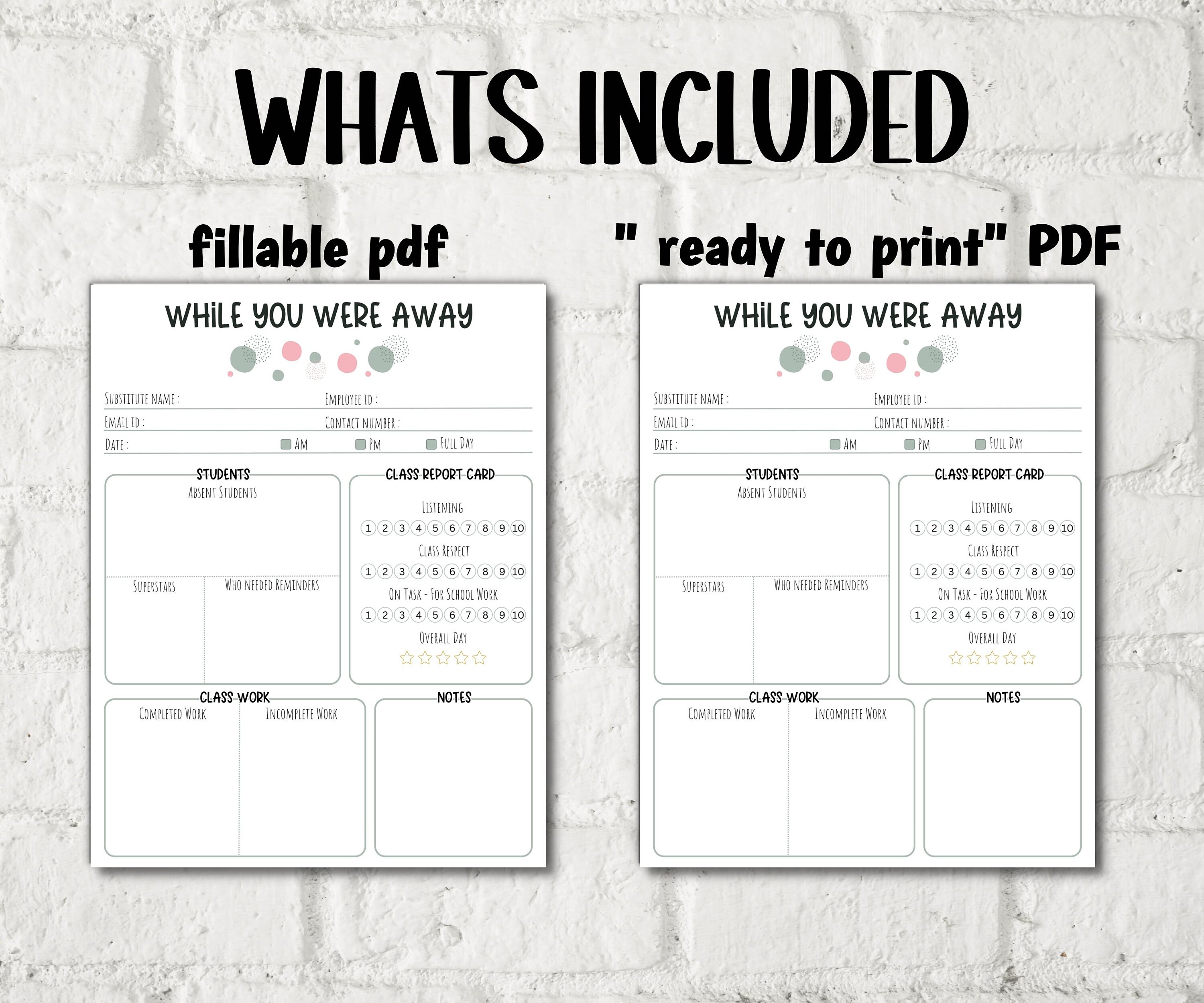 Fillable Editable Substitute Teacher Notes I While You Were Away I ...