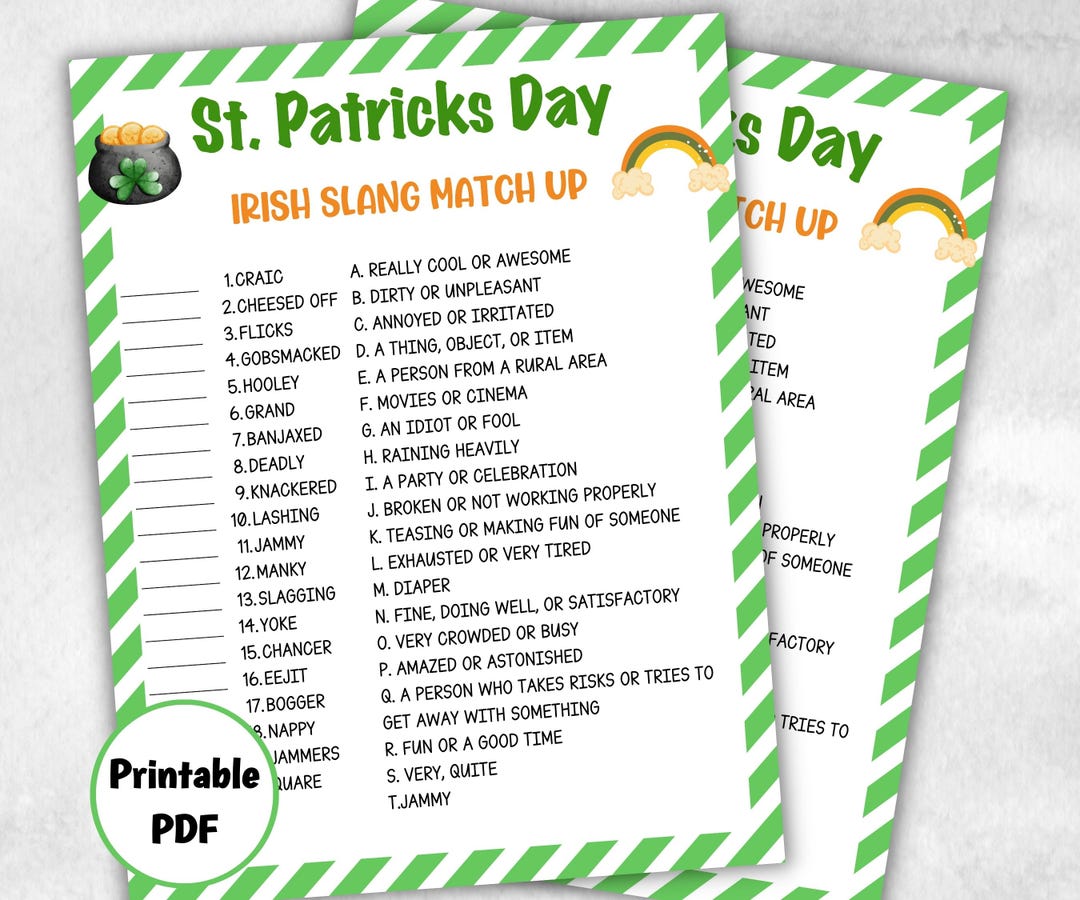 St. Patrick's Day Irish Slang Match Up, Office Fun, No Drinking ...