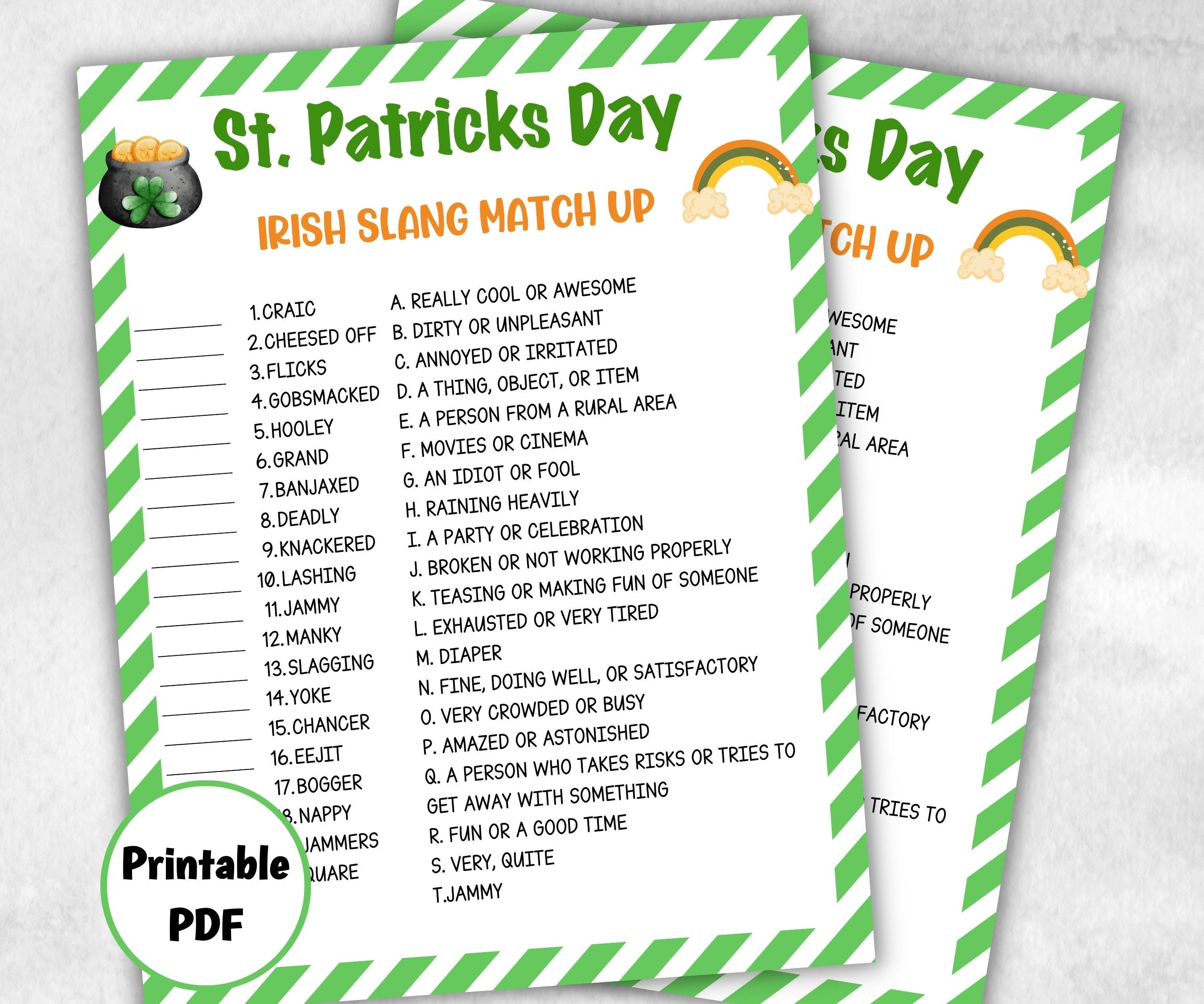St. Patrick's Day Irish Slang Match Up, Office Fun, No Drinking ...