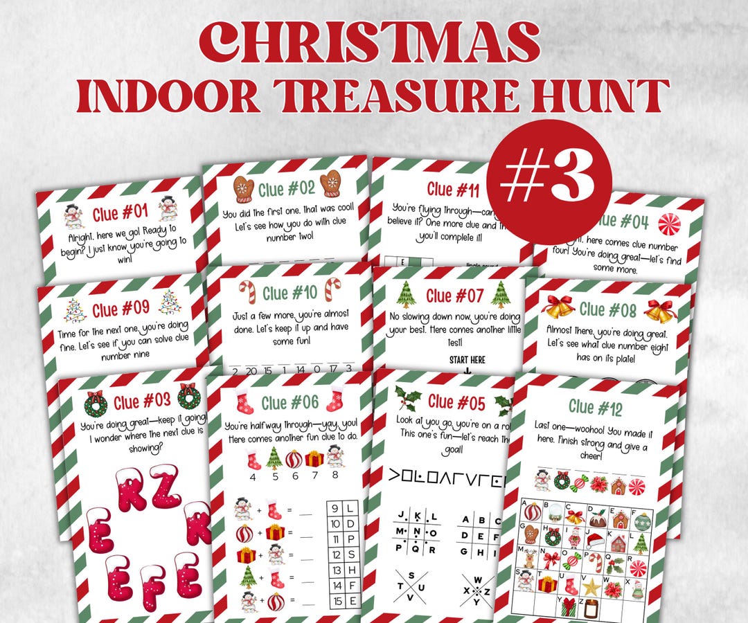 Indoor Treasure Scavenger Clues, Kids Christmas Treasure Hunt, Xmas ...