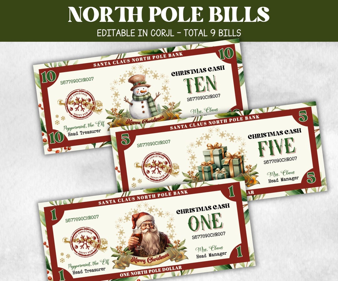 North Pole Dollar Bill, Stocking Stuffer, Ready to Print Christmas Play ...