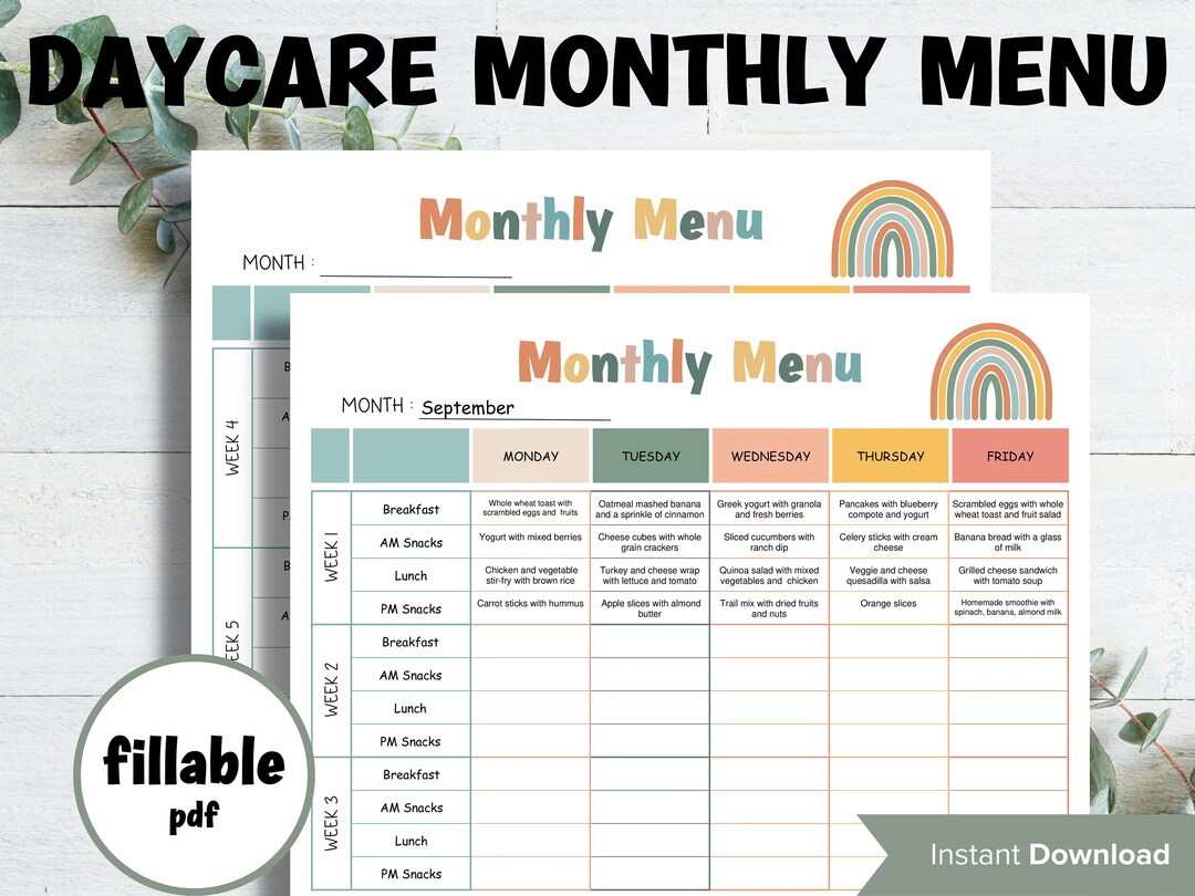 Home Daycare Monthly Menu Editable | Daycare Meal Planner | Preschool ...