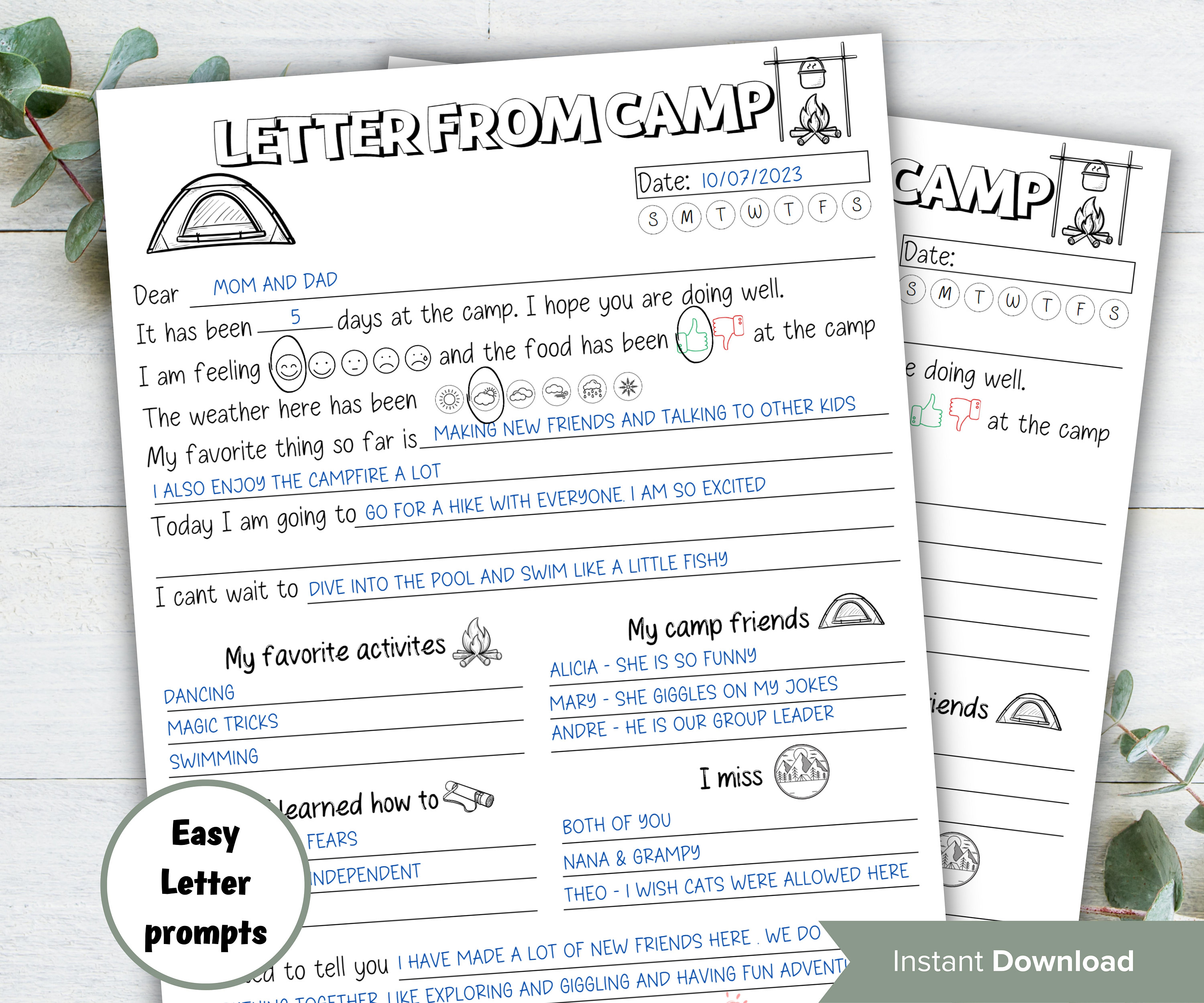 Letter From Camp, Summer Camp Letter, Fill in the Blanks Camp Letter ...