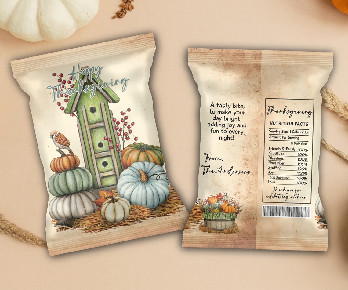 Pumpkin Chip Bag Template, Fall Harvest Party Favors, Thanksgiving Chip ...