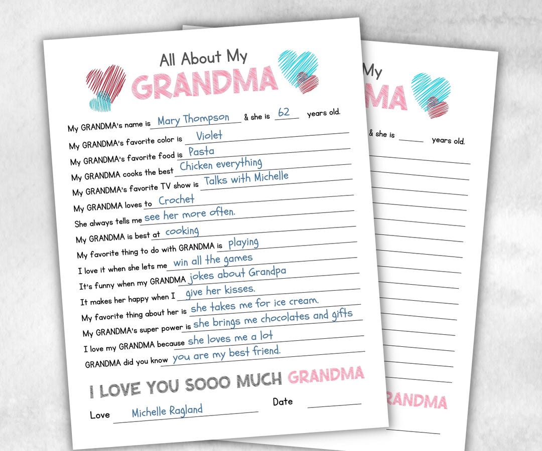 All About My Grandma Questionnaire, Grandma Gift From Kids, Coloring ...