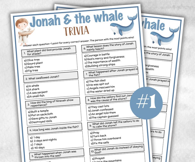 Jonah and the Whale Printable Trivia for Kid, Old Testament Activity ...