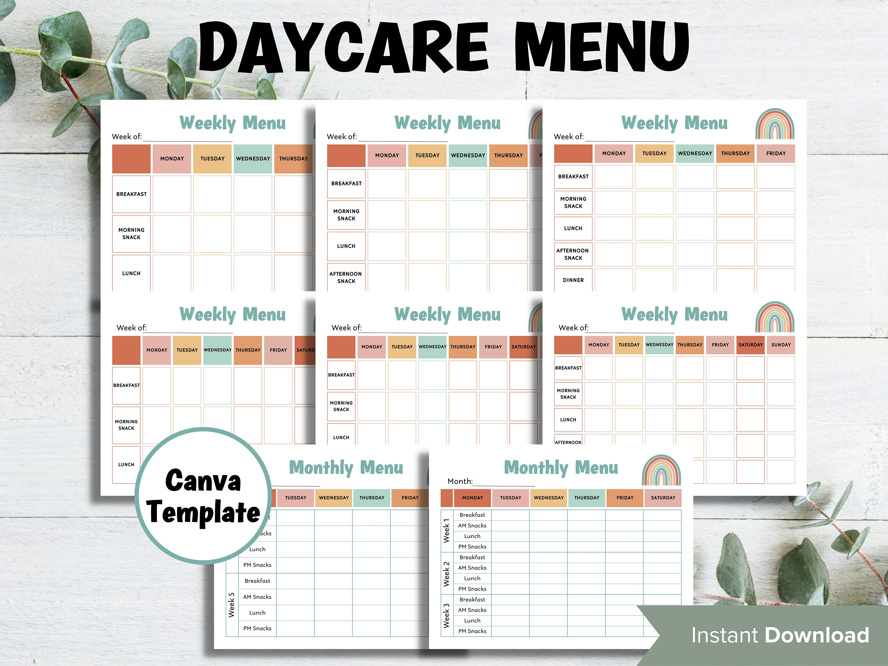 Daycare Menu Template I Home School Meal Planner Home - Etsy
