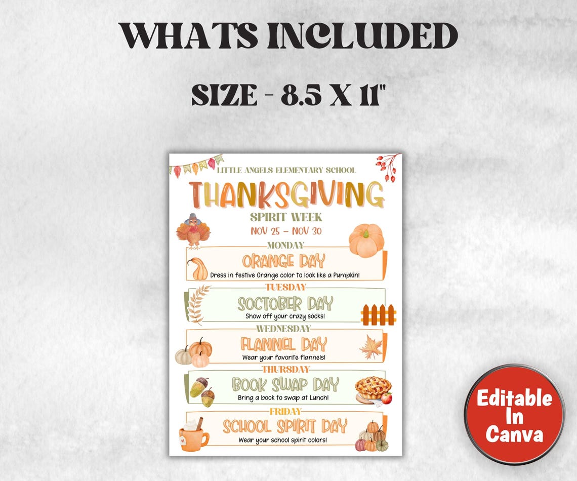 Customizable Thanksgiving School Spirit Week Flyer, PTO Schedule ...