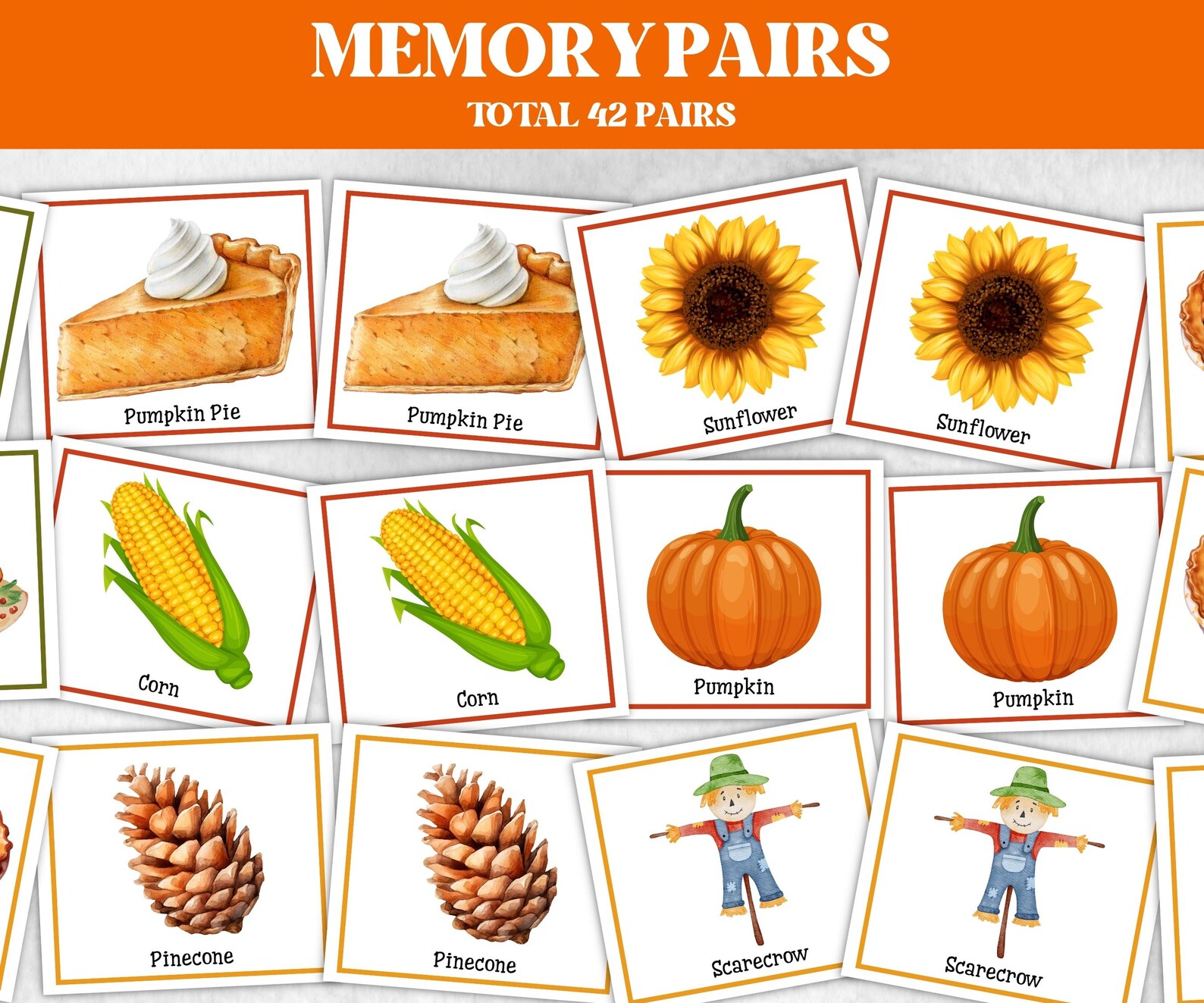 Thanksgiving Memory Pairs, 42 Pairs, Memory Card Game, Thanksgiving ...