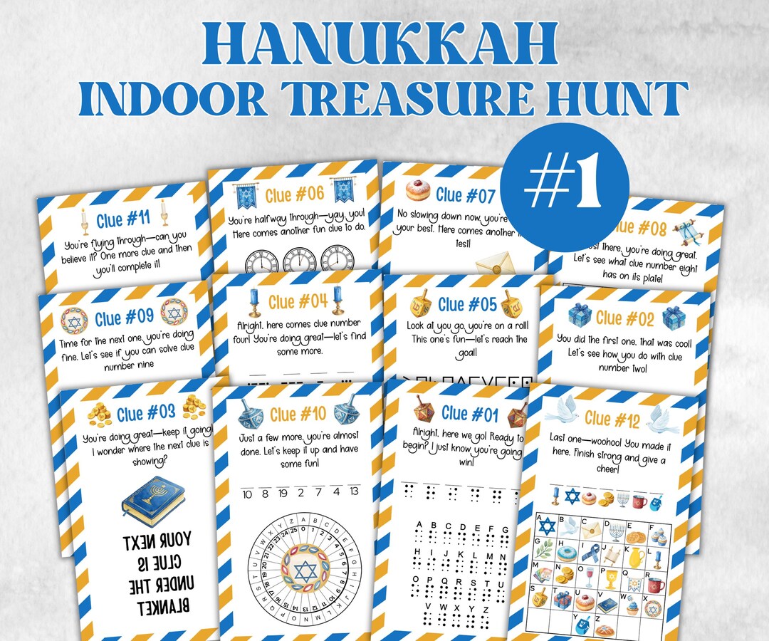 Kids Hanukkah Indoor Treasure Hunt, Treasure Scavenger Clues, Chanukah ...