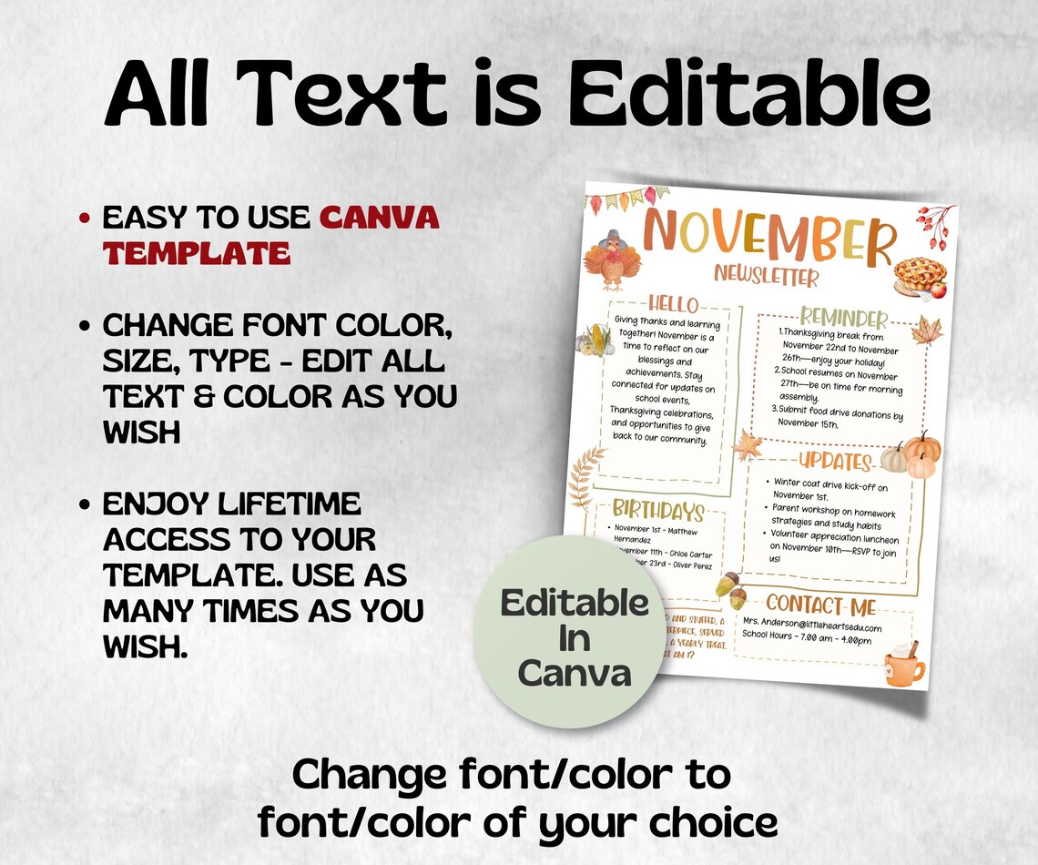 Thanksgiving November Classroom Newsletter, Parent Communication ...