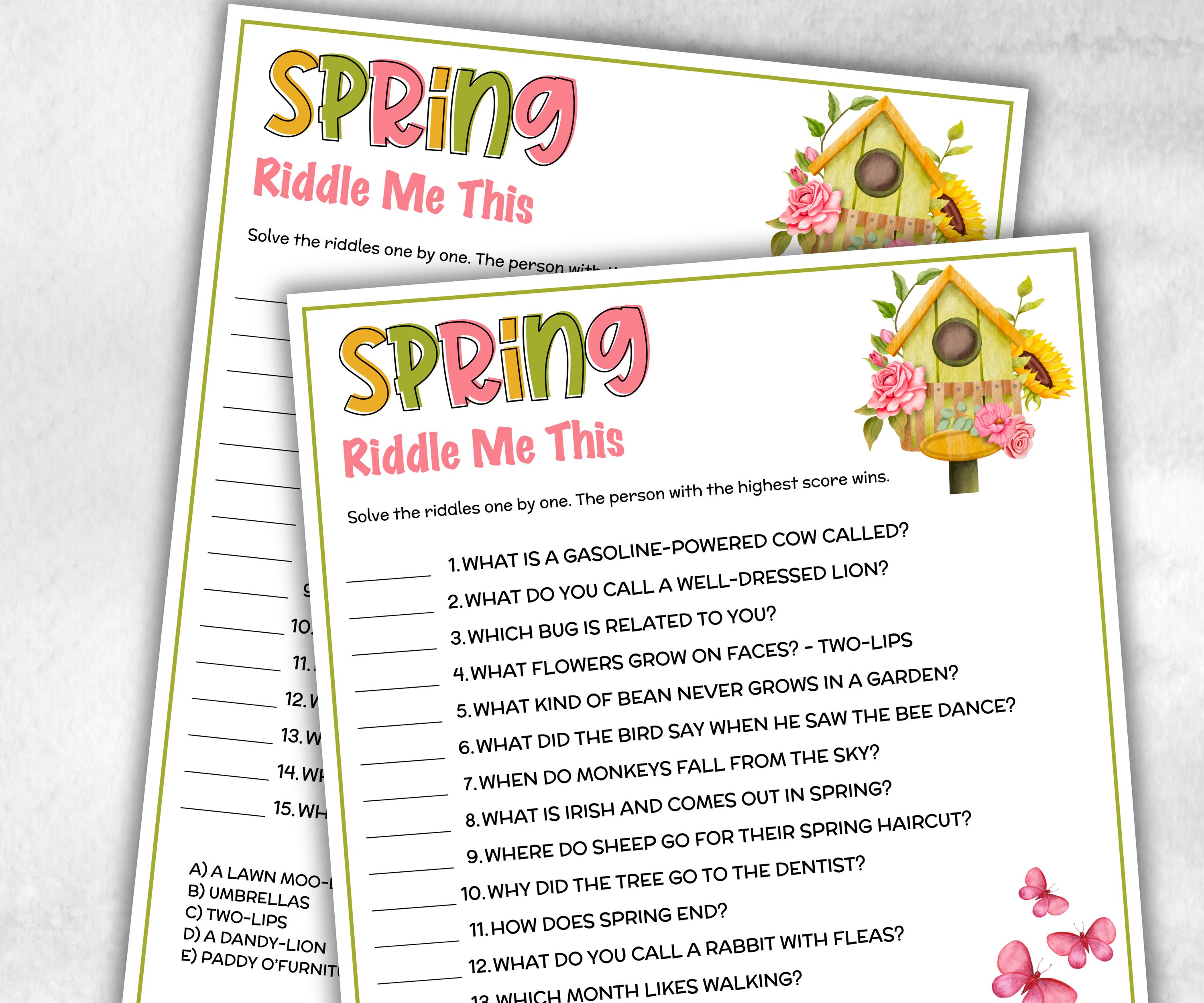 Spring Riddles Jokes, Spring Party Activity, Spring Trivia, Classroom ...