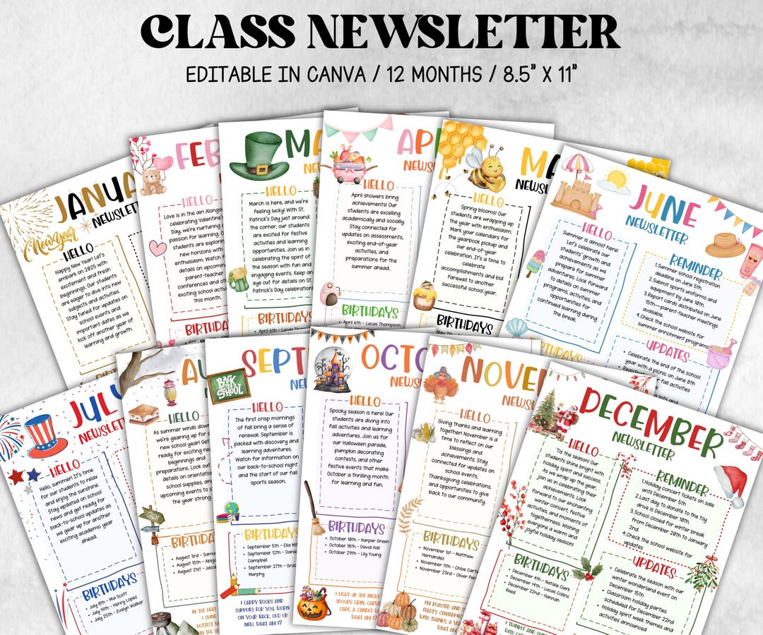 12 Month Newsletter Template, Monthly Classroom Newsletter, Daycare ...
