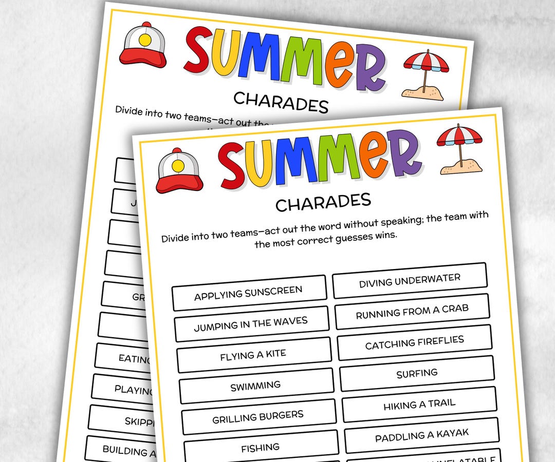 Summer Charades Game, End of School Summer Activities, Summer Birthday ...