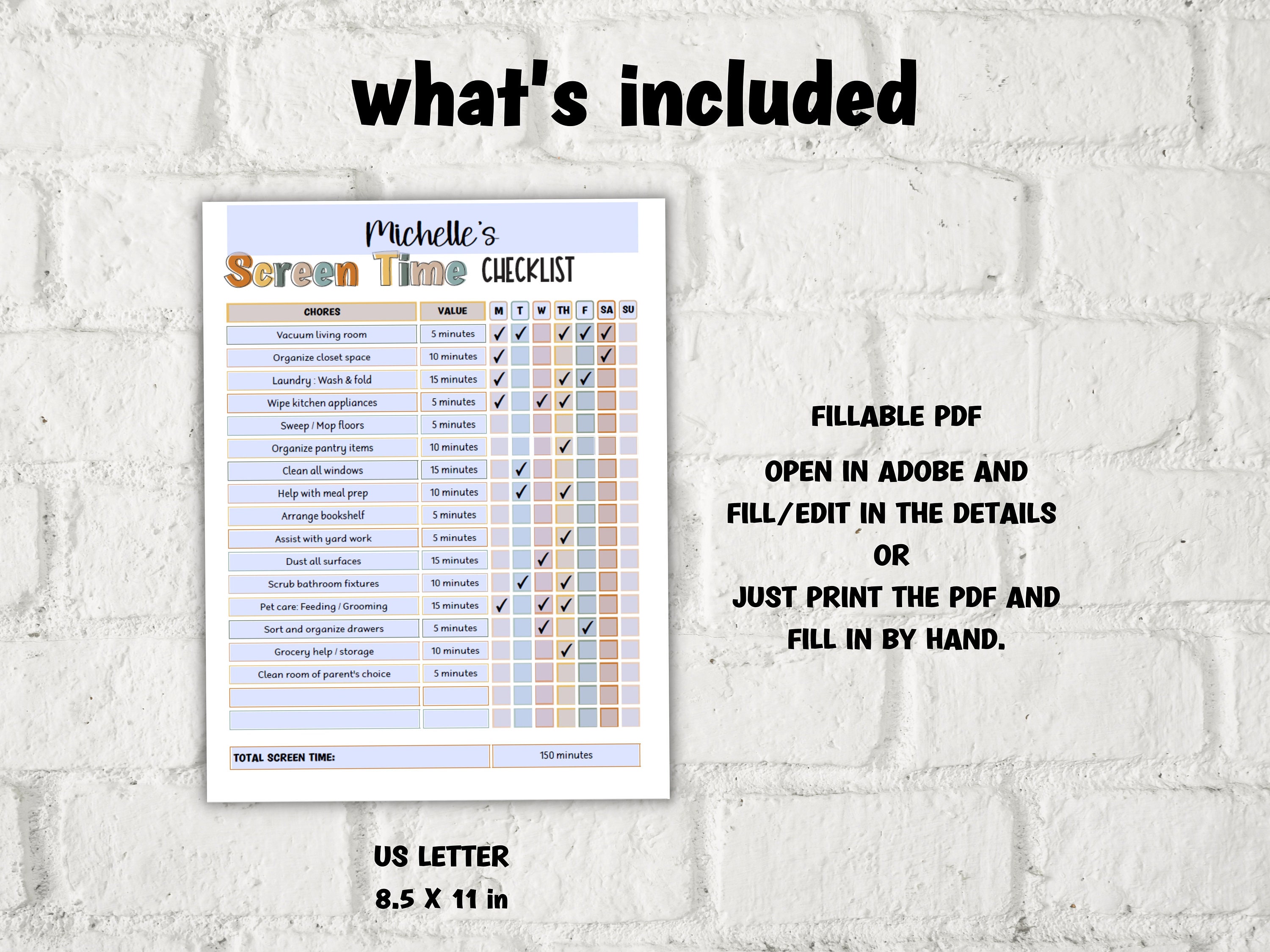 Editable Screen Time Tracker, Chore Chart for Kids, Screentime ...