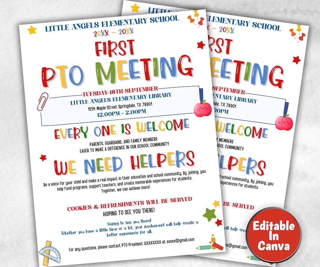 First PTO PTA Meeting Flyer Template, Parent Engagement, School ...