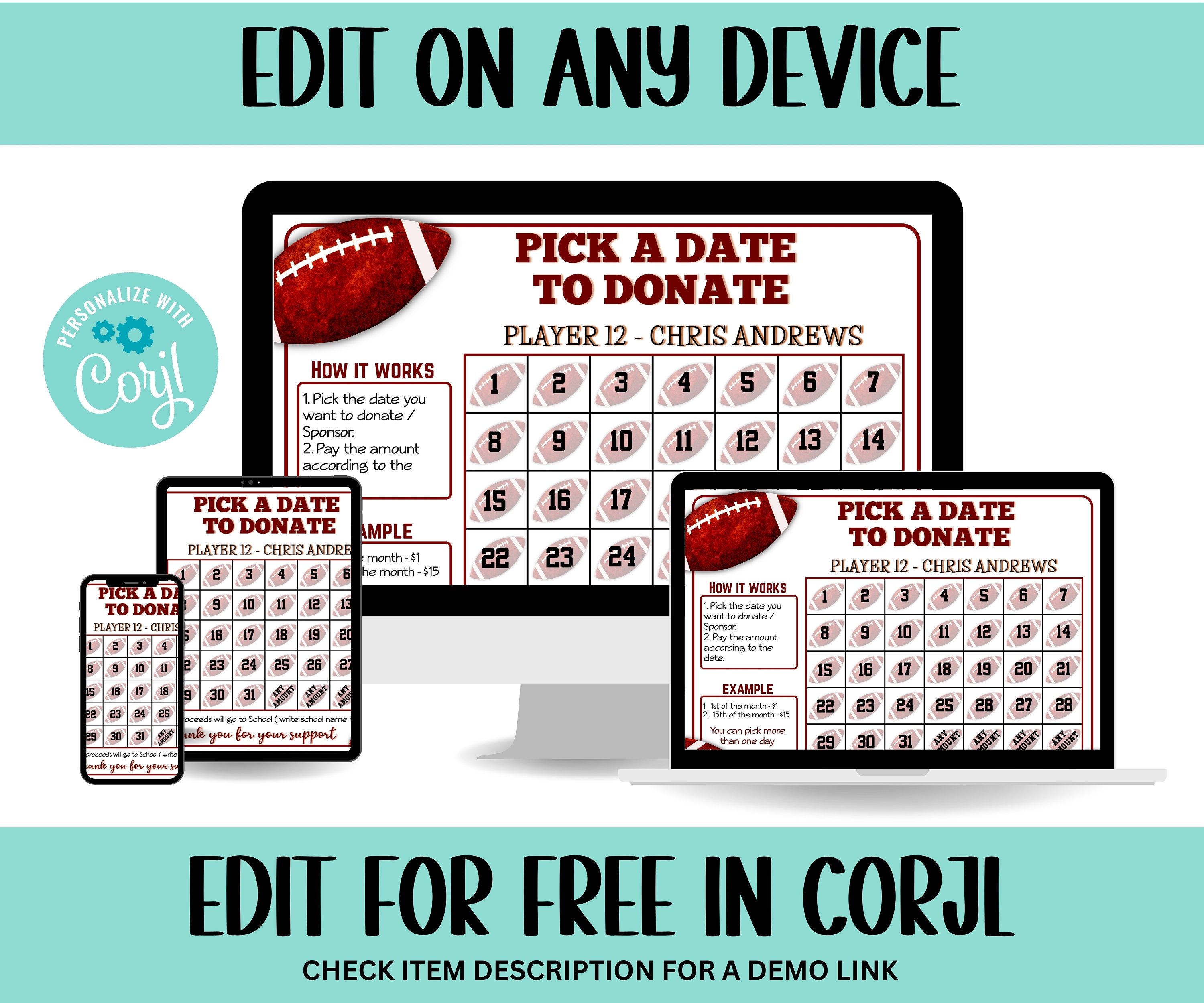 Editable Football Fundraiser Calendar Pick A Date to Donate - Etsy