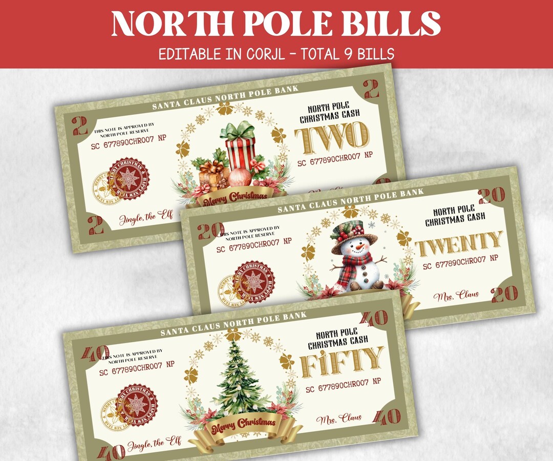 Editable Christmas Bucks, Ready to Print Christmas Play Money, North ...