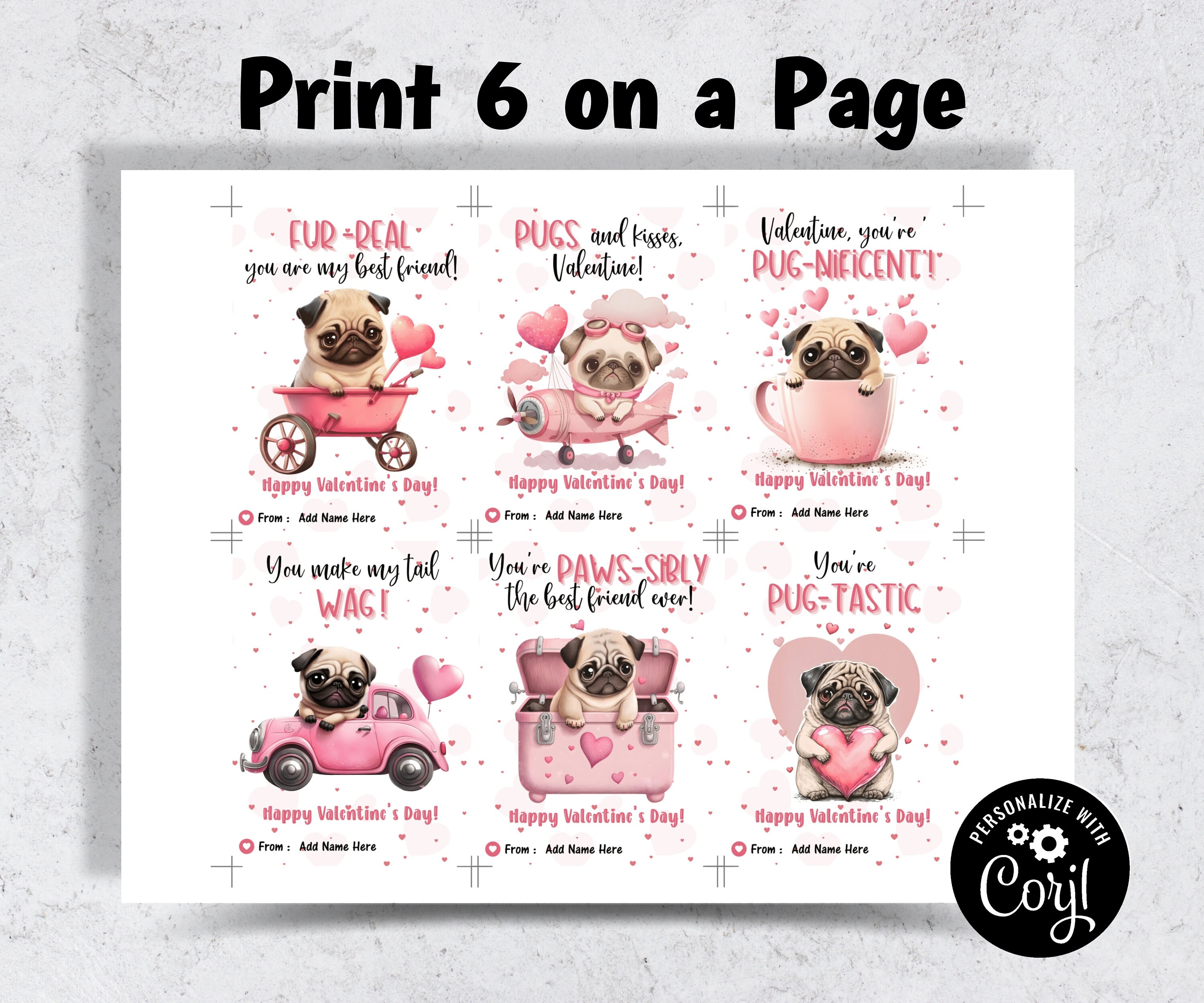 Pug Card | Dog Valentine | Cute Card | Pug Valentine | Pugs and Kisses ...